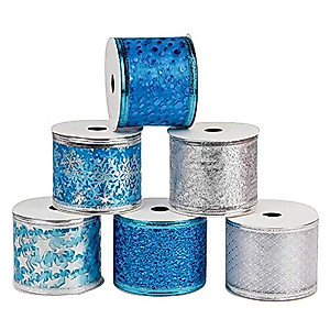 VATIN Christmas Ribbon,Wired Holiday Party Ribbons Assorted Snowflake Dot Holly Star Patterns Decorations, Swirl Sheer Glitter Ribbon 36 Yards (2.5" Width x 6Yard Each Roll) -Blue/Silver