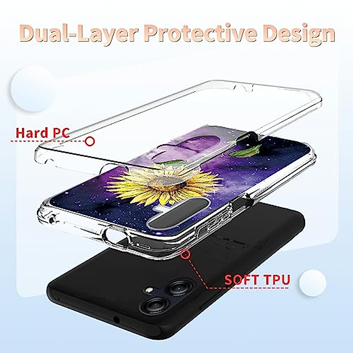 BWEGRHE for Samsung Galaxy A04 4G Clear Case with Sunflower Purple Galaxy Pattern Designed, Transparent Dual Layer Soft TPU Bumper + Hard PC Shockproof Protective Phone Case for Galaxy A04 4G