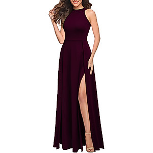 MUSHARE Women's Halter Neck Sexy Split Cocktail Party Maxi Long Formal Dress Burgundy