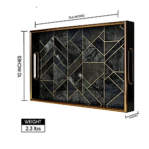 Serving Tray –Coffee Table Tray –Elegant Decorative Tray –PS and Printed Glass Table Tray –Practical and Sturdy Design –Easy to Clean and Washable(Black and Grey,15.6x10x1.8 Inches)