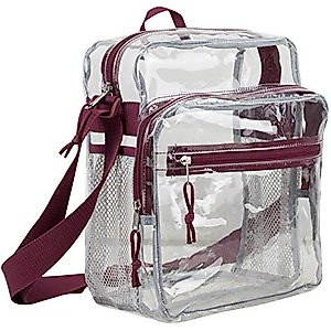 Eastsport Stadium Approved Clear Bag w/Adjustable Crossbody Strap 12” x 10” x 6” – See Through Transparent Messenger Bag - Burgandy