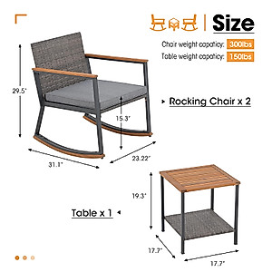 OC Orange-Casual 3 Piece Outdoor Rocking Bistro Set, Patio Wicker Furniture Conversation Set Chairs with Coffee Table and Cushion for Garden, Yard, Porch, Balcony,Grey