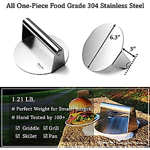 Meykers Smash Burger Press 6.3” Burger Smasher | for Griddle Grill Pan Skillet | Weight Gain Flat Presser Smashburger Maker 304 Stainless Steel | Meat Bacon Sandwich Panini | Tool Kit for BBQ Lover