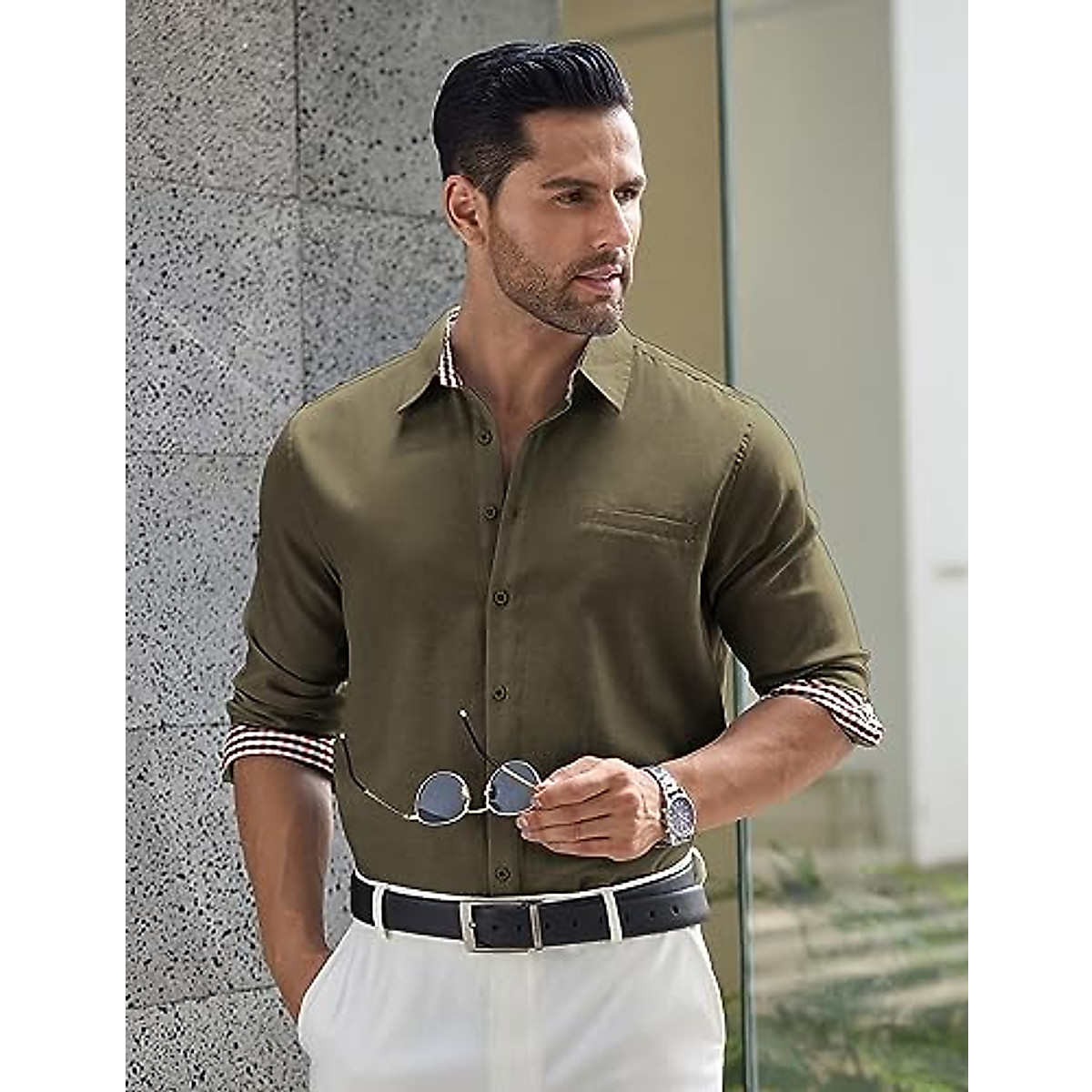 COOFANDY Mens Chambray Dress Shirt Oxford Casual Shirt Button Down Long Sleeve Shirt Army Green