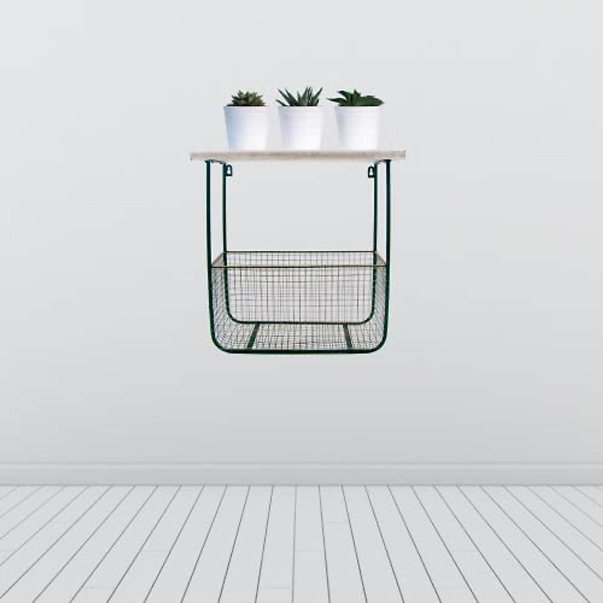 VIP Home and Garden Wooden Floating Shelf with a Metal Basket, Wall Mounted, Farmhouse Décor, 16 Inches, White, Brown