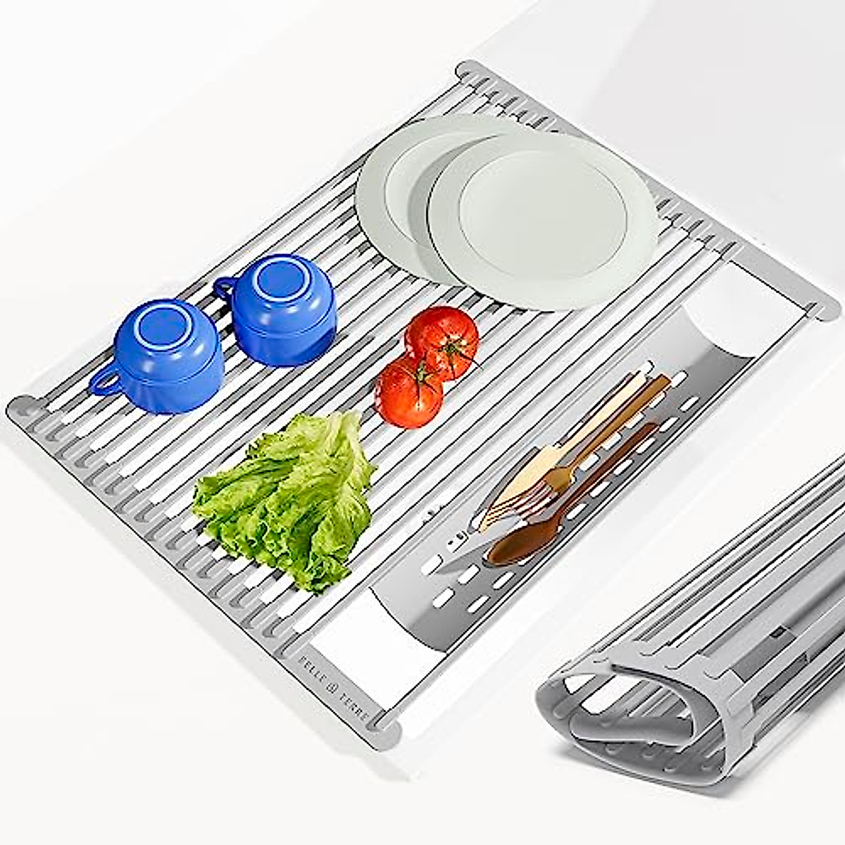 BELLE TERRE Roll-Up Dish Drying Rack & Swedish Dish Cloth Set - Space-Saving Sink Rack (20.5" x 15.5") with Utensil Tray & Reusable Absorbent Cloths - Solid Steel Construction & Cellulose Material