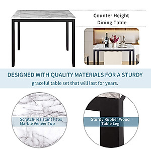 RUNWON 4 5-Piece Modern Counter Height Kitchen Dining Table Set with Matching Chairs and Marble Veneer for Home Living Room, Beige