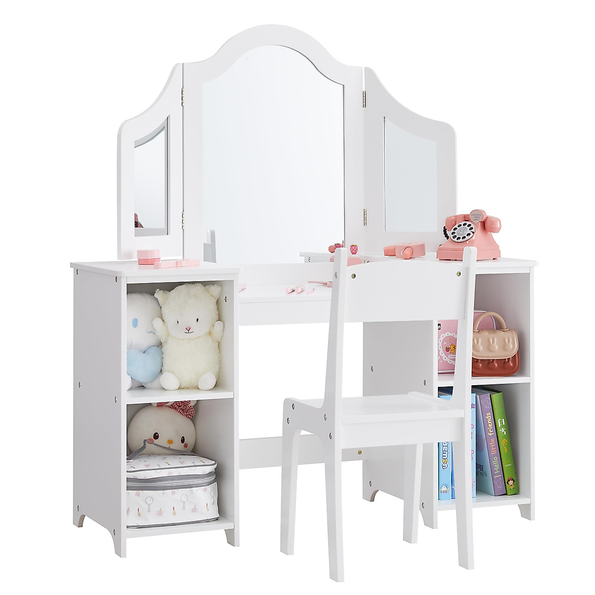 2 in 1 Kids Vanity Set, Princess Makeup Table and Chair with Open Storage Cabinet, Pretend Play Vanity with Detachable Tri-fold Mirror for Little Girls Age 3-9 (White with Chair)