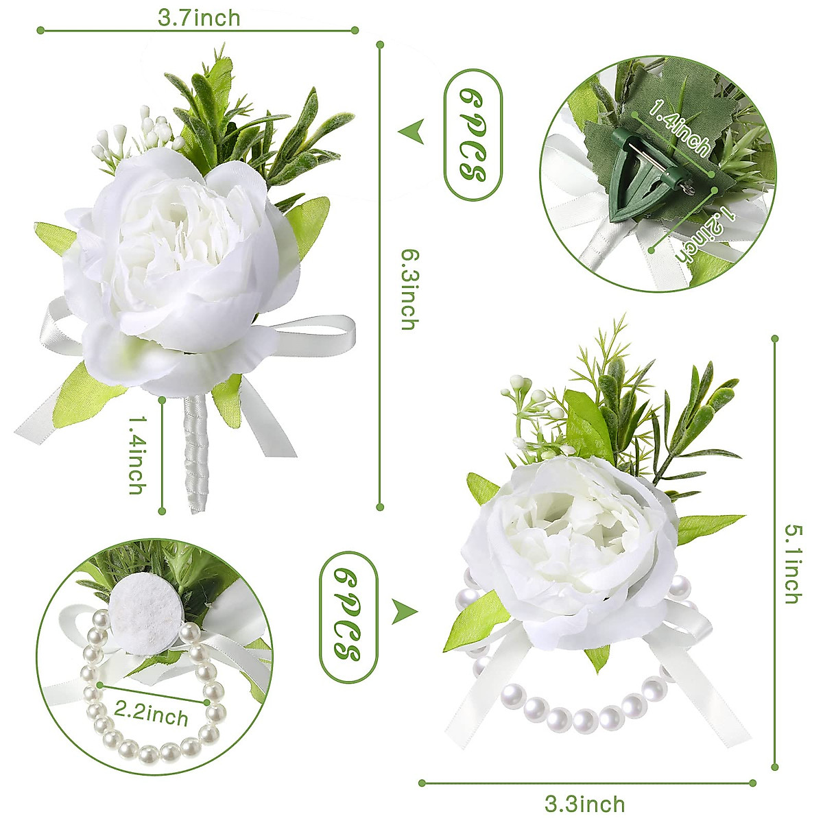 Jexine 12 Pcs Rose Wrist Corsage Wristlet Band Bracelet and Men Boutonniere Set White Flower Corsage Wrist Flowers and Boutonniere Buttonholes for Wedding Flowers Accessories Decor
