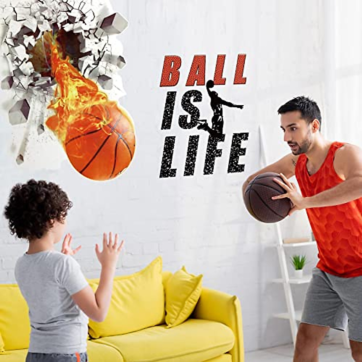 Basketball Wall Decal 3D Self Adhesive Removable Break Through The Wall Vinyl Wall Stickers Ball is Life Wall Decal Dunk Silhouette Stickers Basketball Room Decor for Boys Bedroom, 18 x 38 Inch