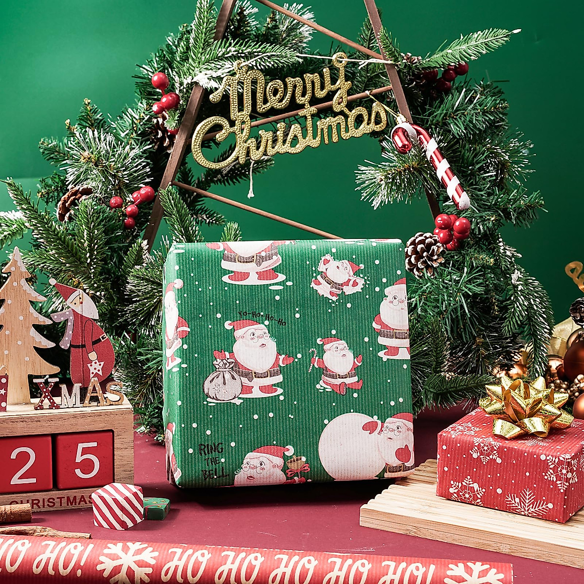 RUSPEPA Kraft Wrapping Paper Rolls - 17 inches x 10 feet per Roll, Total of 4 Rolls, Santa Claus, Snowflake and Christmas Tree Design