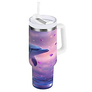 Slewiaeky Skinny Rose Flower 40 oz Tumbler with Handle Straw and Lid Dolphin Stainless Steel Vacuum Insulated Reusable Water Bottle Glasses Travel Mug Thermal Cup for Home Office Car