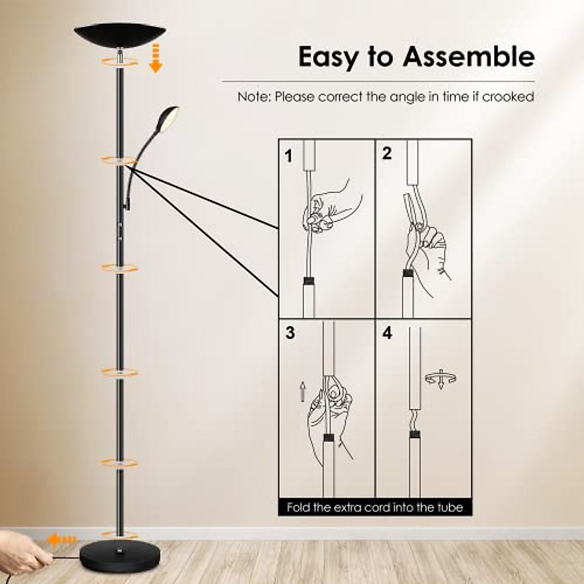 BoostArea Floor Lamp, LED 20W/2000LM Bright Torchiere Floor Lamp with 5W Adjustable Reading Lamp, Stepless Dimmable Standing Lamp, 2 Rotary Switch, Modern Floor Lamps for Living Room, Bedroom, Office