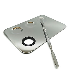 TIHOOD 2PCS 5-well / 3-well Makeup Palette with Spatula, Stainless Steel Nail-art Cosmetic Artist Mixing Palette for Mixing Foundation 6''x4'' Silver