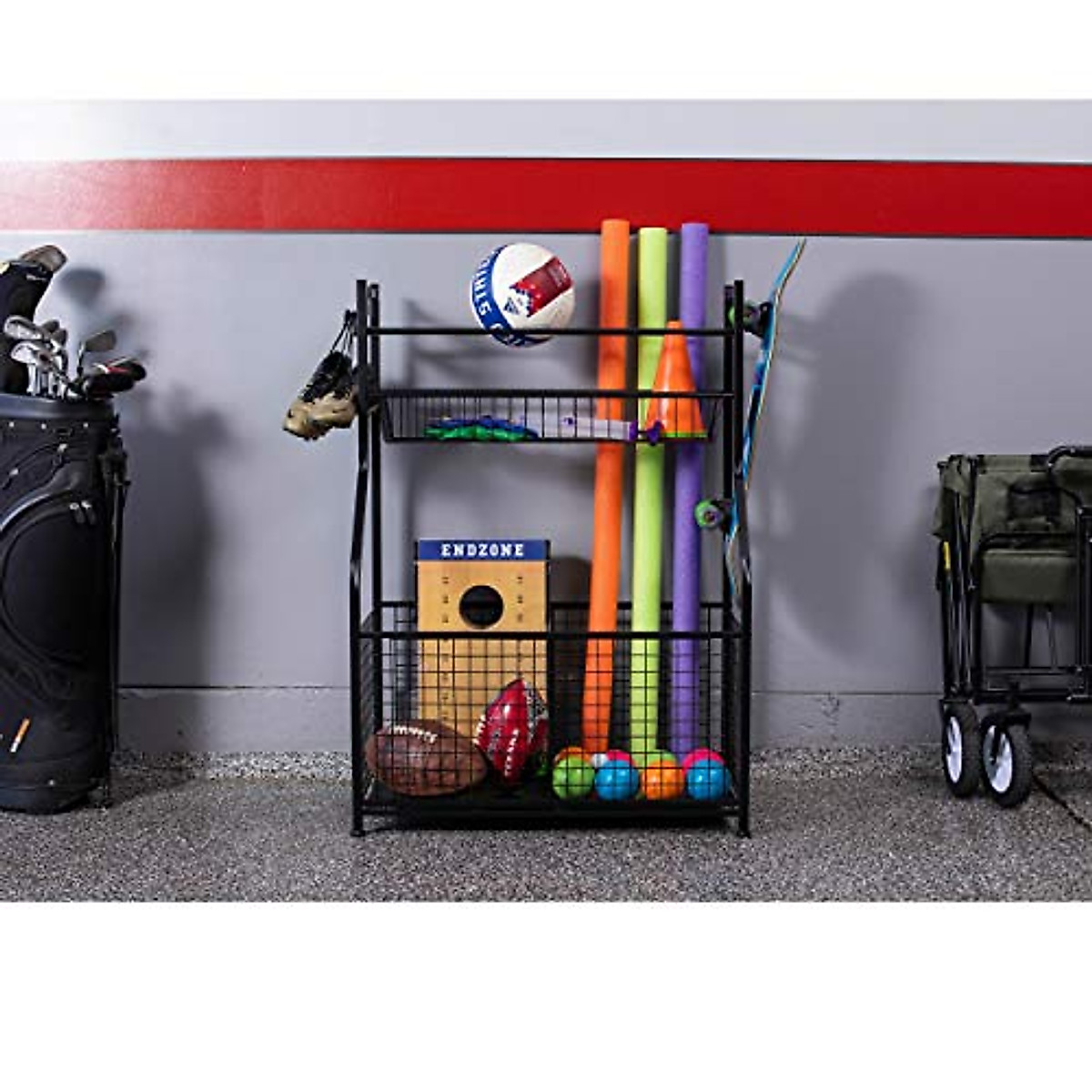 BirdRock Home Sports Equipment Ball Storage Rack for Garage - Baseball, Tennis, Football, Gym and Basketball Gear Organizer - Rack - Wide Bin Basket - 4 Hooks - Tools Garden Shovels Rack - Indoor