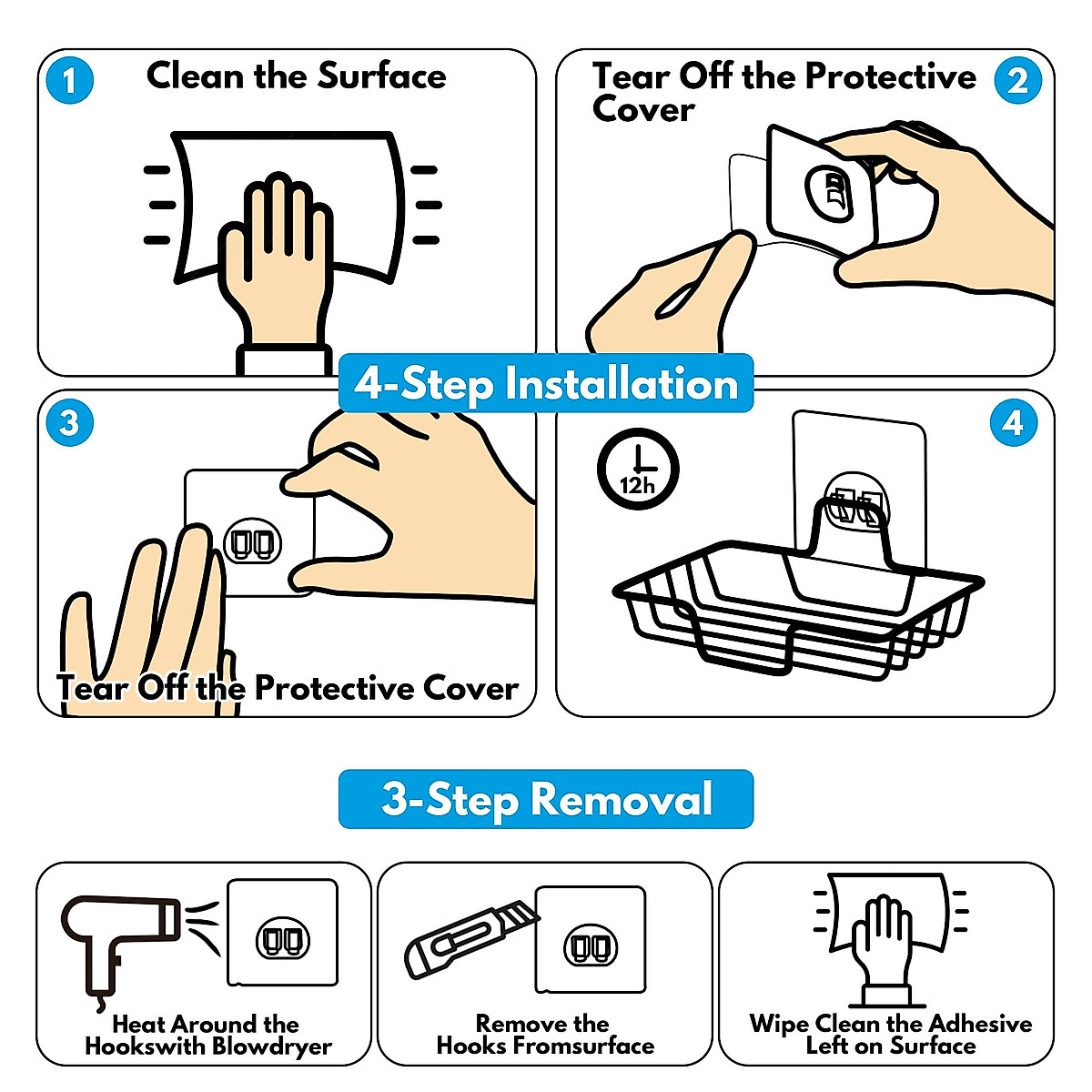 Rainspire Soap Dish Holder, No Drilling, 304 Rustproof Stainless Steel, Wall Mounted Soap Holder Soap Tray Bar Soap Sponge Holder for Bathroom & Kitchen, Square, Black