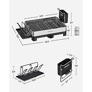 SONGMICS Dish Drying Rack, Stainless Steel Dish Rack with Rotatable Spout, Drainboard, Fingerprint-Resistant Dish Drainers for Kitchen Counter, 12.5 x 22.5 in, Silver and Black UKCS030B01