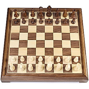 OUMODA Luxury Magnetic Wooden Chess Game Set - 15" Walnut Chess Board with Stylish Chess Pieces - 2 Extra Queens, Strap-Style Elastic Rope Storage, High End Gift, Birthday Housewarming Retirement