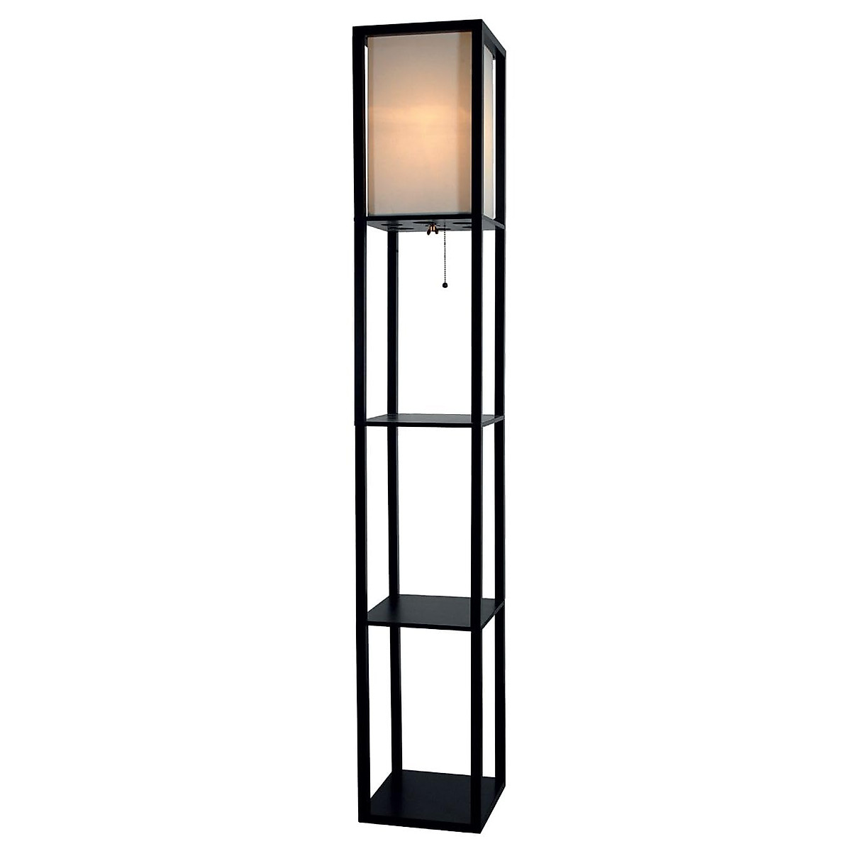 Floor Lamp with Shelves - Room Light by LIGHTACCENTS - Corner Storage Standing Bookshelf Lamp - Bedroom Light with Wooden Storage Shelves and White Cotton Linen Shade (Black)