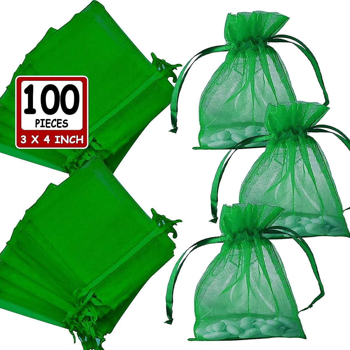 Green Organza Bags 3x4 Inch (100 Pcs) Sheer Mesh Gift Bags Drawstring Sachet Jewelry Bags Organza Small Drawstring Pouch for Wedding Favor, Party, Soaps, Baby Shower Gifts (3"x4", Emerald Green)