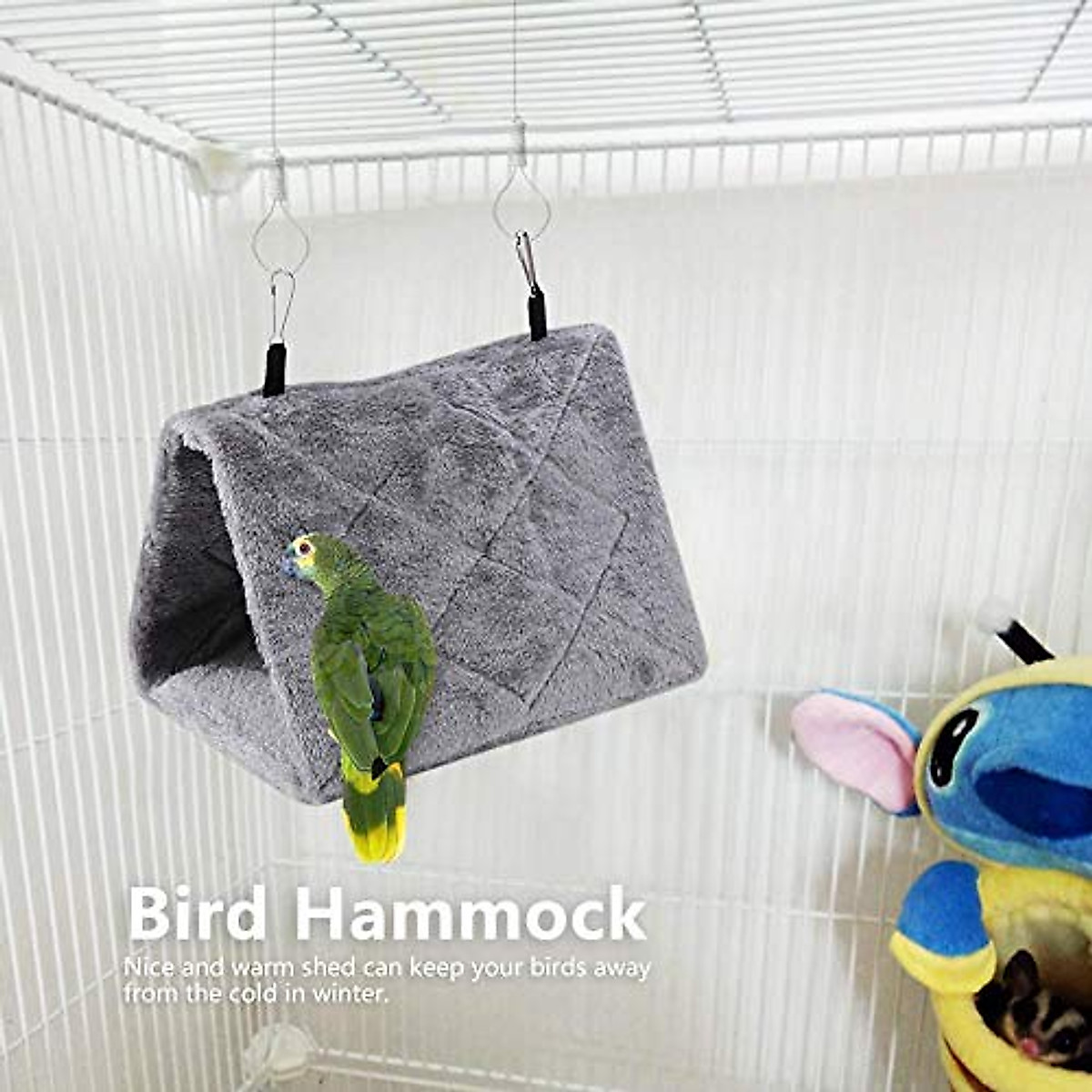 Peony Parrot Hammock Bird Nest Warm Soft Plush Hammock Hanging Cage Tent for Birds Parrot Winter Warm Bed Pet Toy Pouch Cotton Bed (M- Gray)