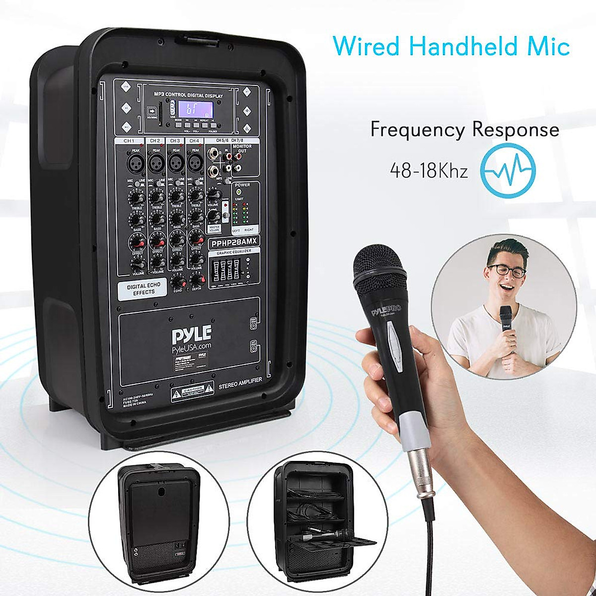 Pyle PA Speaker DJ Mixer Bundle - 300 W Portable Wireless Bluetooth Sound System w/ USB SD XLR 1/4" RCA Inputs - Dual Speaker, Mixer, Microphone, Stand, Cable - Home/Outdoor Party - PPHP28AMX,Black