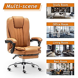 Erinnyees Executive Office Chair, PU Ergonomic Chair with Footrest and Linkage Armrests, 90°-155° Reclining Office Chair, 360° Swivel Computer Desk Chair with Back Support, Brown