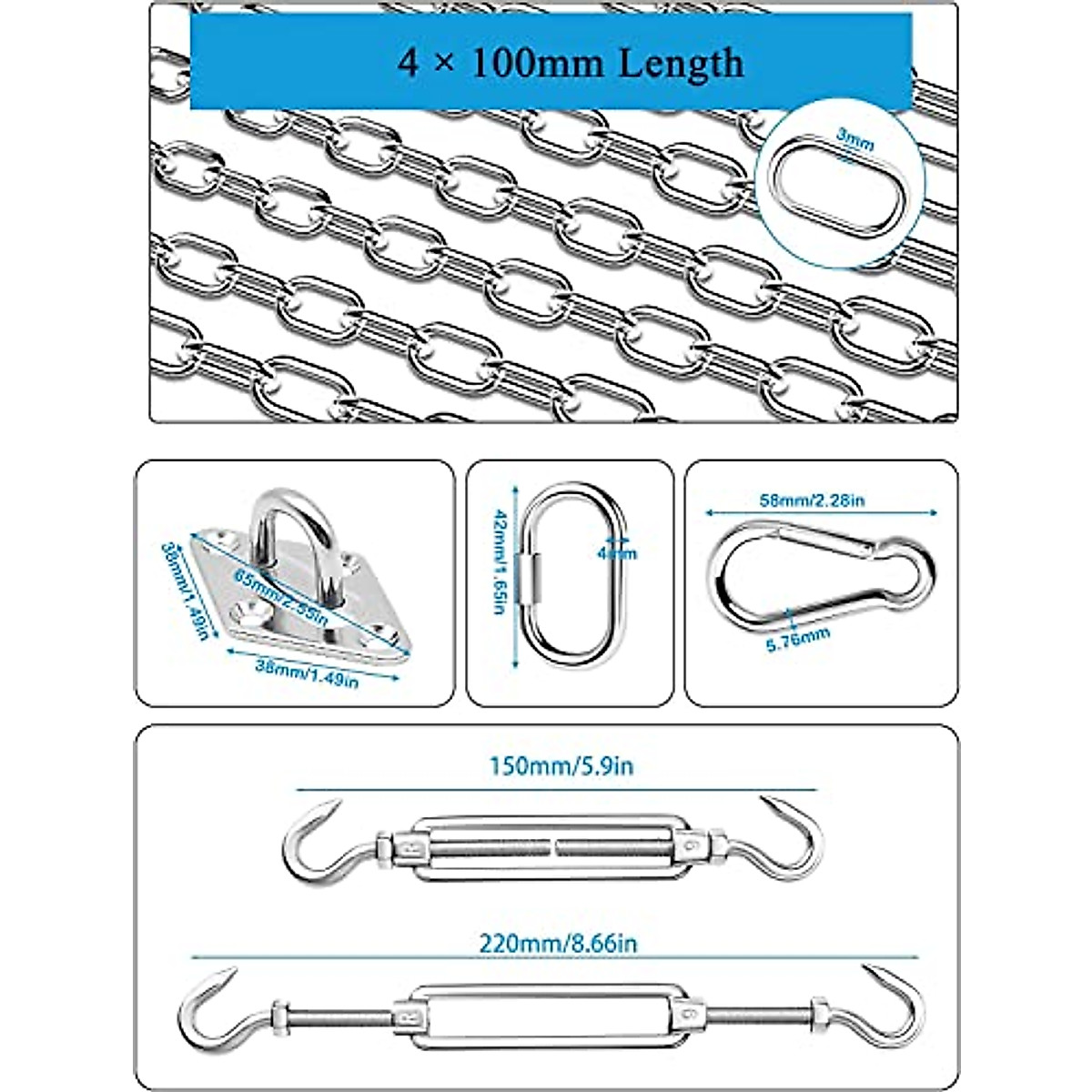 TooTaci Sun Shade Sail Hardware Kit with Chains 1M× 4pcs,Heavy Duty Shade Sail Hardware Kit Rectangle 6 inch with Stainless Steel Hanging Chains 1/8 for Sun Sail Installation,Outdoor Canopy,Pergola