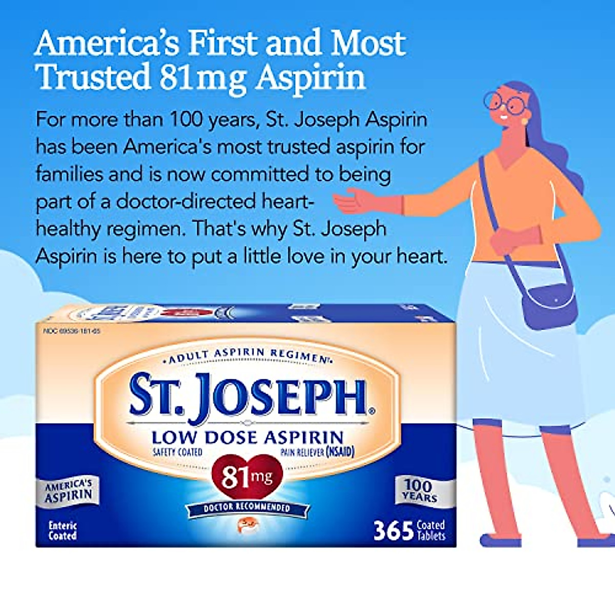 St. Joseph Aspirin Pain Reliever (NSAID) 81mg, Enteric Safety Coated, Adult Low Dose Regimen, 365 ct (1 Year Supply)