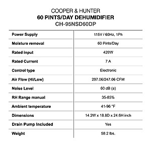 Cooper & Hunter 50 Pint Dehumidifier with Drain Pump for Large Room or Basements 4,500 Sq. Ft, 6L Water Tank (70 pint 2012 DOE standard)