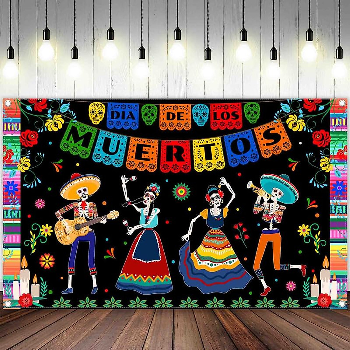 ZTHMOE 72x43inch Polyester Day of The Dead Backdrop Mexican Dia DE Los Muertos Photography Background Fiesta Sugar Skull Flowers Party Decorations Photo Banner Props with Four Holes Easy to Hang