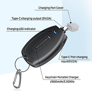 HUAENG 1600mAh USB-C Keychain Portable Charger for Andriod Phones, Mini Type-C Emergency Power pods Ultra-Compact Power Bank Pack Key Ring Phone Charger for Samsung Galaxy S23, Moto Phone-Black