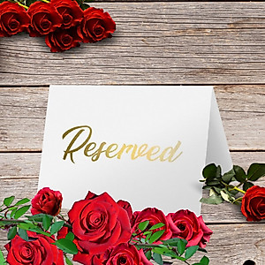 25 Pack Gold Reserved Table Cards for Wedding with Gold Foiled Letters- Seating Signs for Chairs Church Pews Double Sided Signs Tent Reservation Cards Celebration Accessories (Set of 25, White)
