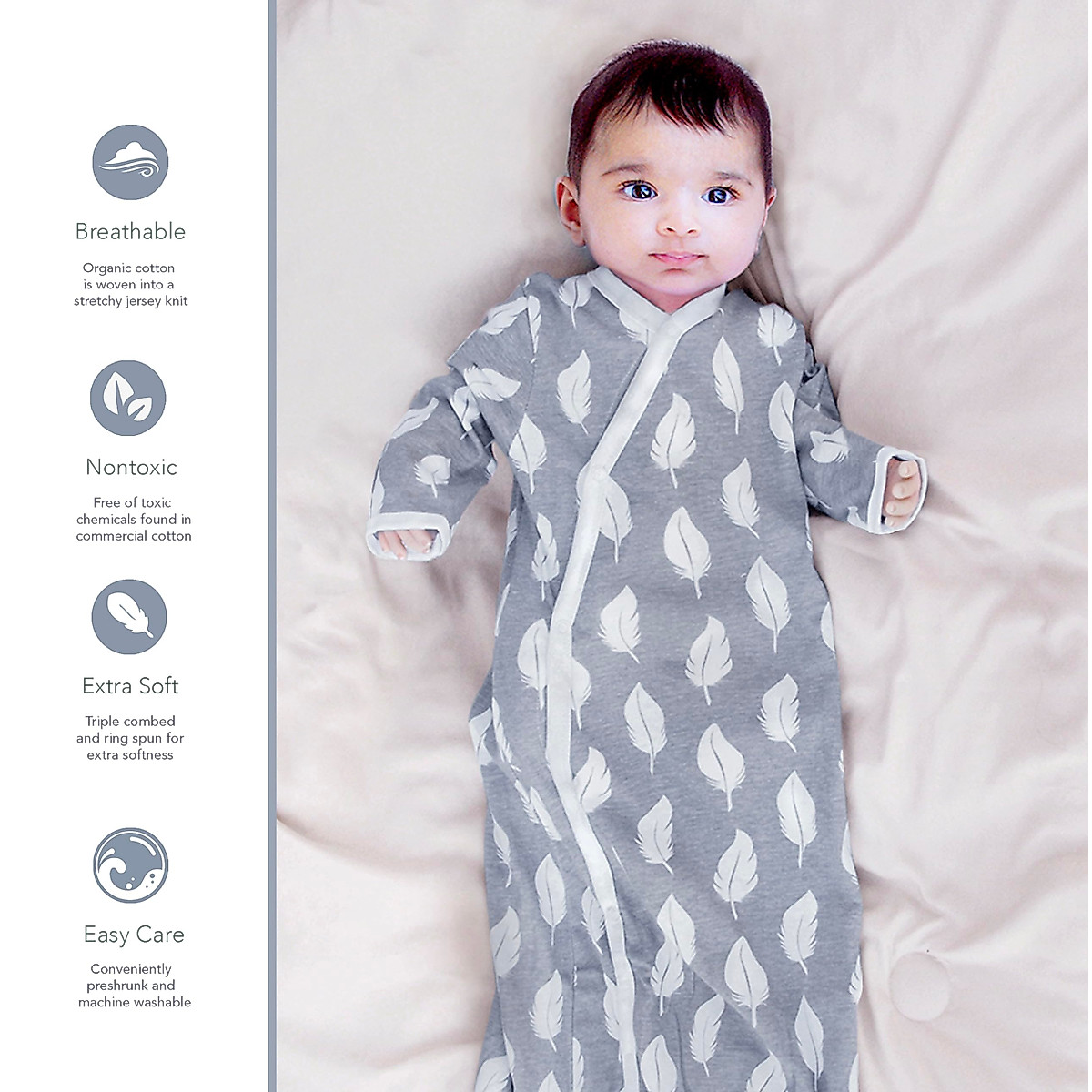 Cambria Baby 100% Organic Kimono Gowns. Side Snaps with Built in Mitts. (0-6 Months, Feathers and Forest Animals)