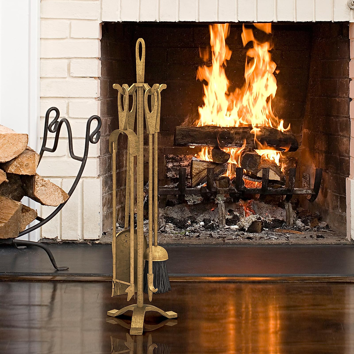 Tangkula 5 Pieces Fireplace Tool Set, Fireplace Accessories with Poker, Tongs, Brush, Shovel and Stand, Indoor Firepit Tool Set with Handles (Antique Copper)