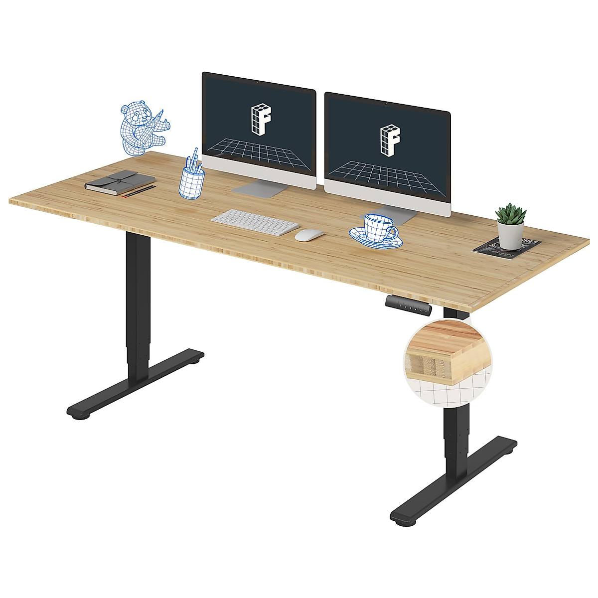 FLEXISPOT E6 Essential Bamboo 3 Stages Dual Motor 72x30 Inch Electric Height Adjustable Standing Whole-Piece Board Desk Sit Stand Up Desk (Black Frame + Bamboo Desktop)