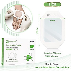 NeuHeils Transparent Film Dressing, Large Waterproof Wound Cover Bandage 4''x4.75'', 50 Packs, Post Surgical Shower or IV Shield, Tattoo Aftercare Bandage, Adhesive Patch 4 x 4 3/4 Inch