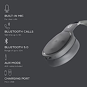 UNOSOUNDS On Ear Headphones, Wireless and Bluetooth, Noise Cancelling, Comfortable Design, Built in Mic and Wired Mode for Mobile, PC & TV, Includes 3.5mm Aux Cable and USB Charger (Grey)