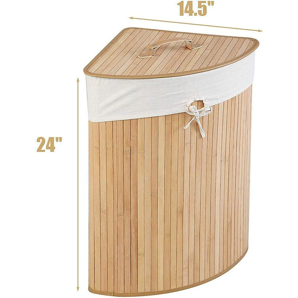 GOFLAME Corner Bamboo Laundry Hamper with Lid and Removable Liner, Washing Clothes Basket Storage Bin with Handle, Suitable for Bedroom, Bathroom, Laundry (Natural)