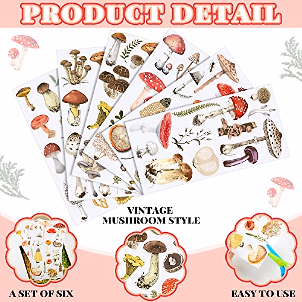 Geyoga 6 Pcs Vintage Mushrooms Rub on Transfers Mushroom Scrapbook Stickers Botanical Furniture Decals for DIY Arts Crafts Scrapbooking Diary Album Journals Nightstand Home Decor, 6 x 12 Inches