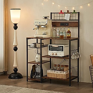 Leesingdo Kitchen Bakers Rack with Power Outlet, Microwave Stand, Coffee Bar Kitchen Storage Rack with Wire Basket, 6 Hooks, Kitchen Shelves for Spices, Pots, and Pans, Rustic Brown