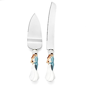 OnePlace Gifts Bride and Groom Wedding Cake Knife and Server Set Bridal Keepsakes White and Light Blue 12.5inch