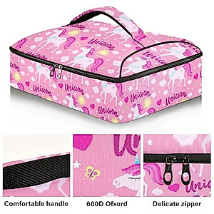 Kcldeci Insulated Thermal Food Carrier Insulated Casserole Carrier for Hot or Cold Food,White Unicorns on A Pink Insulated Tote Bag for Potluck Cookouts Parties Picnic,Lasagna Lugger