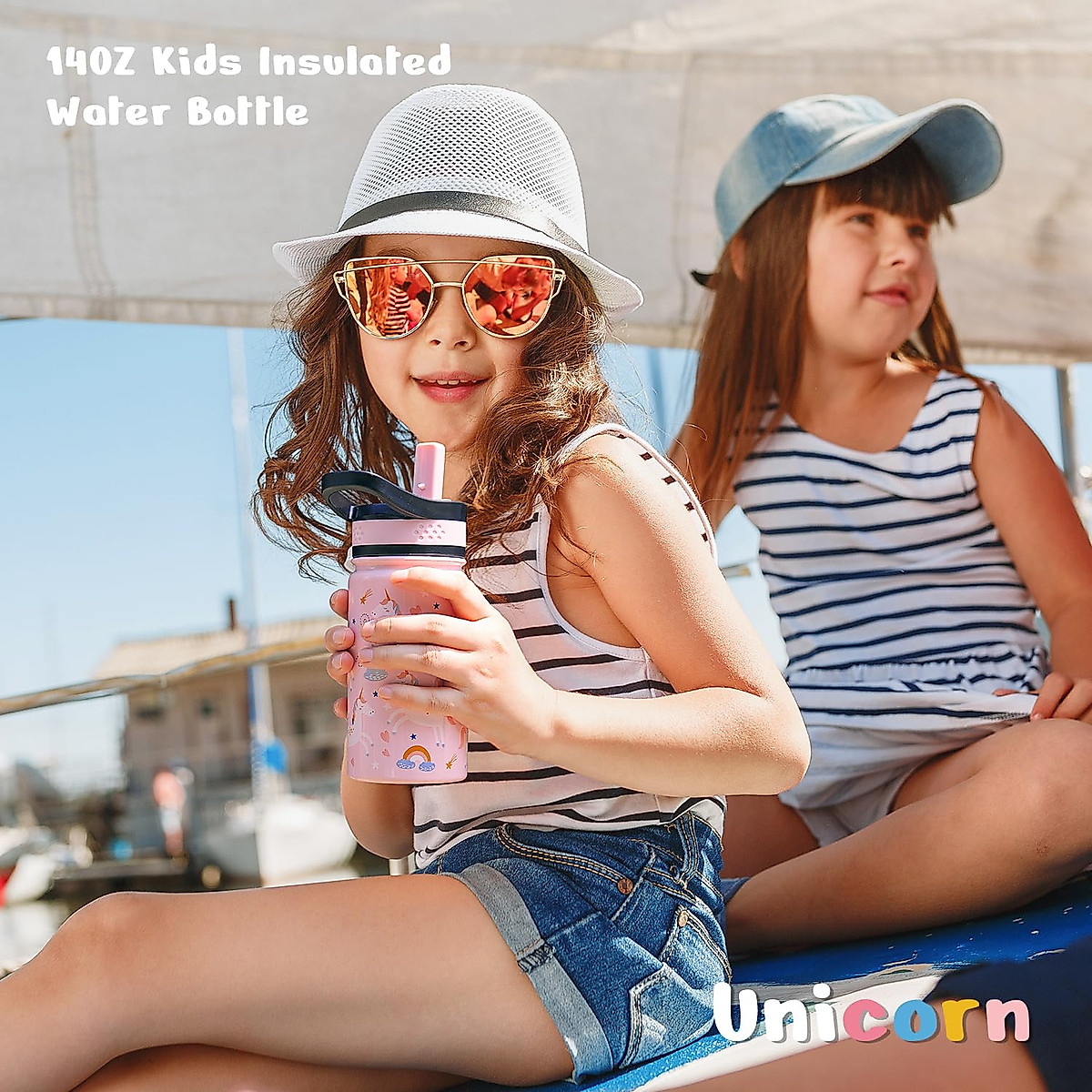 BUZIO Insulated Water Bottle for Kids, Modern Vacuum Insulated Hydro Bottle with 2 Straw Lids, 14oz Double Walled Wide Mouth Sports Drink Flask with Pink Unicorn Patterns, Simple Thermo Canteen Mug