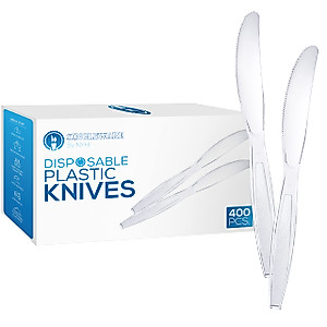 NYHI 400 Count of Premium Heavyweight Plastic Disposable Clear Knives Heavy Duty Sturdy Plastic Flatware Cutlery Set Is Excellent For Home Office Parties School Picnics Restaurants
