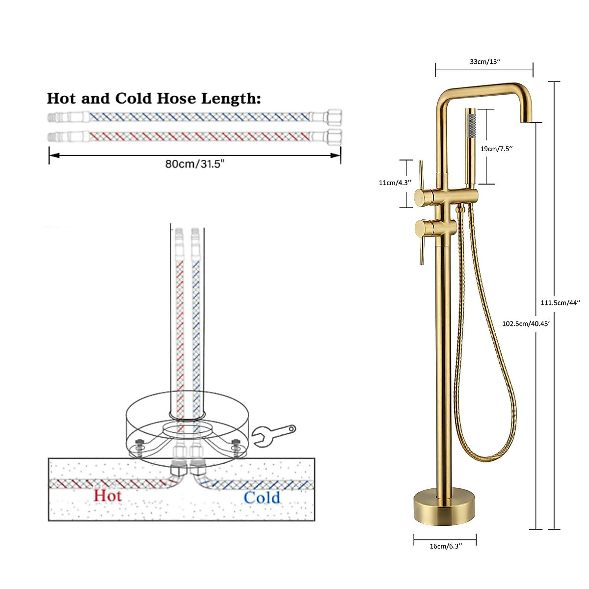 Hideno Freestanding Bathtub Faucet Brushed Gold, Two Function Handle Floor Mount Tub Filler Faucet with Handheld Shower and 360 Degree Swivel Spout (Brushed Gold)