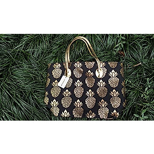 Chandy Metal Gold Pineapple Printed Canvas Beach Tote Bag With Leather Handle (Black), Large