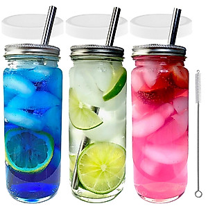 JARMING COLLECTIONS Reusable Smoothie Cups, Multi-Use Glass Bottles w/Lids & Straws, Reusable Iced Coffee Cups, Juice Bottles with BPA-Free Lids, Slushie Cup, Tea Cup, 16-oz