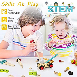 KIDWILL Tool Kit for Kids, 37 pcs Wooden Toddler Tools Set Includes Tool Box & Stickers, Montessori Educational Stem Construction Toys for 2 3 4 5 6 Year Old Boys Girls, Best Birthday Gift for Kids