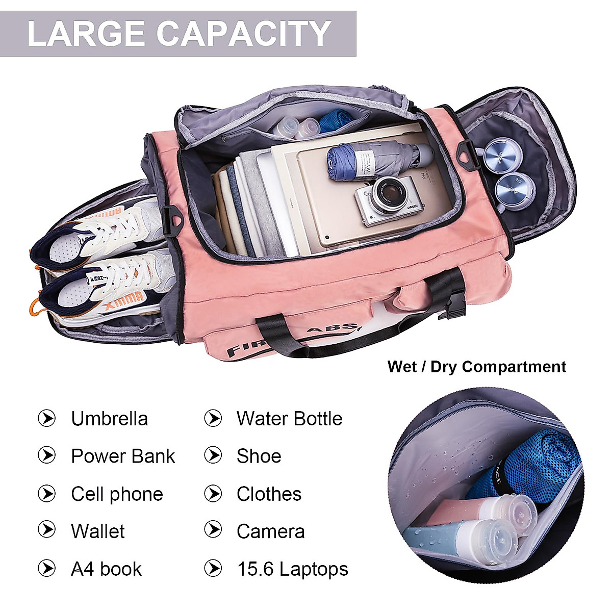 Eslcorri 65L Travel Duffle Bag for Women & Men - 3 in 1 Large Sports Gym Bag with Shoe and Wet Clothes Compartment Multipurpose Weekender Carry On Overnight Backpack for Swimming Yoga Camping -Black